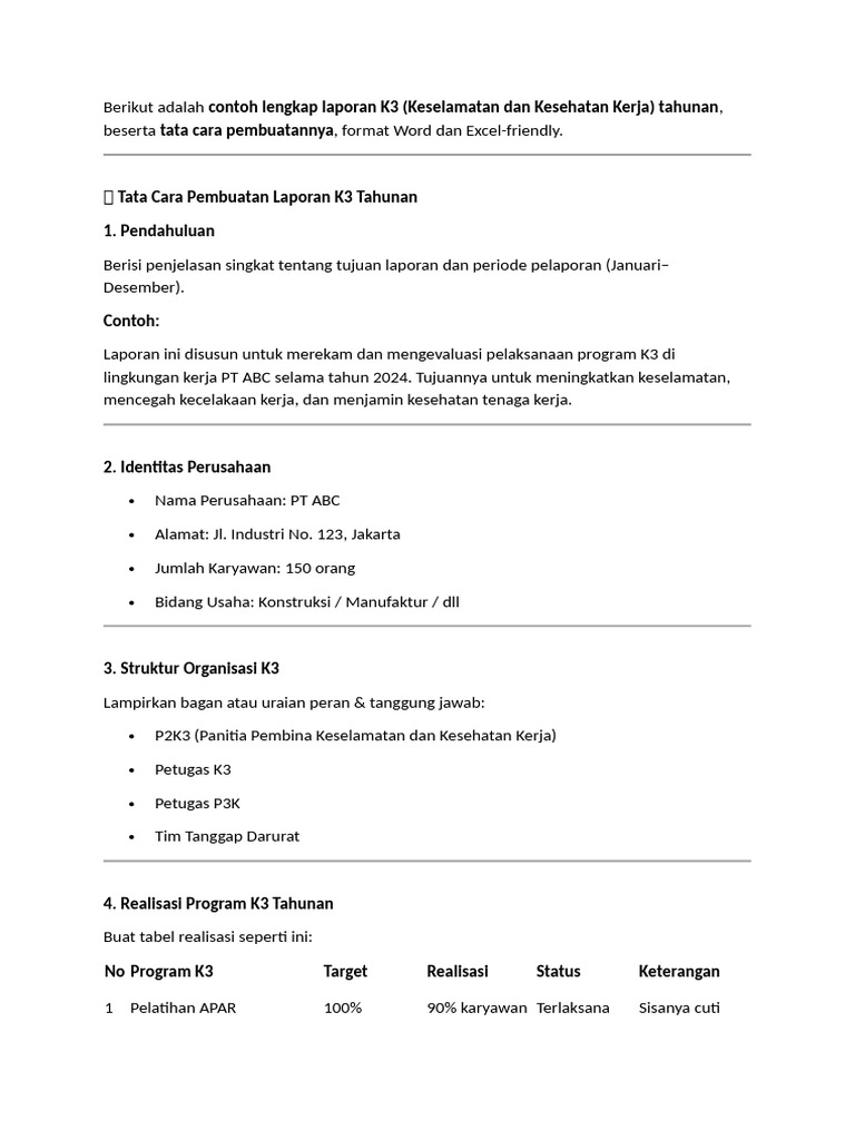 Contoh Lengkap Laporan K3 | PDF
