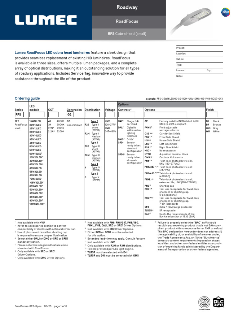 Philips RoadFocus LED Cobra Head Small RFS Spec Sheet | PDF | Light Emitting Diode | Lighting