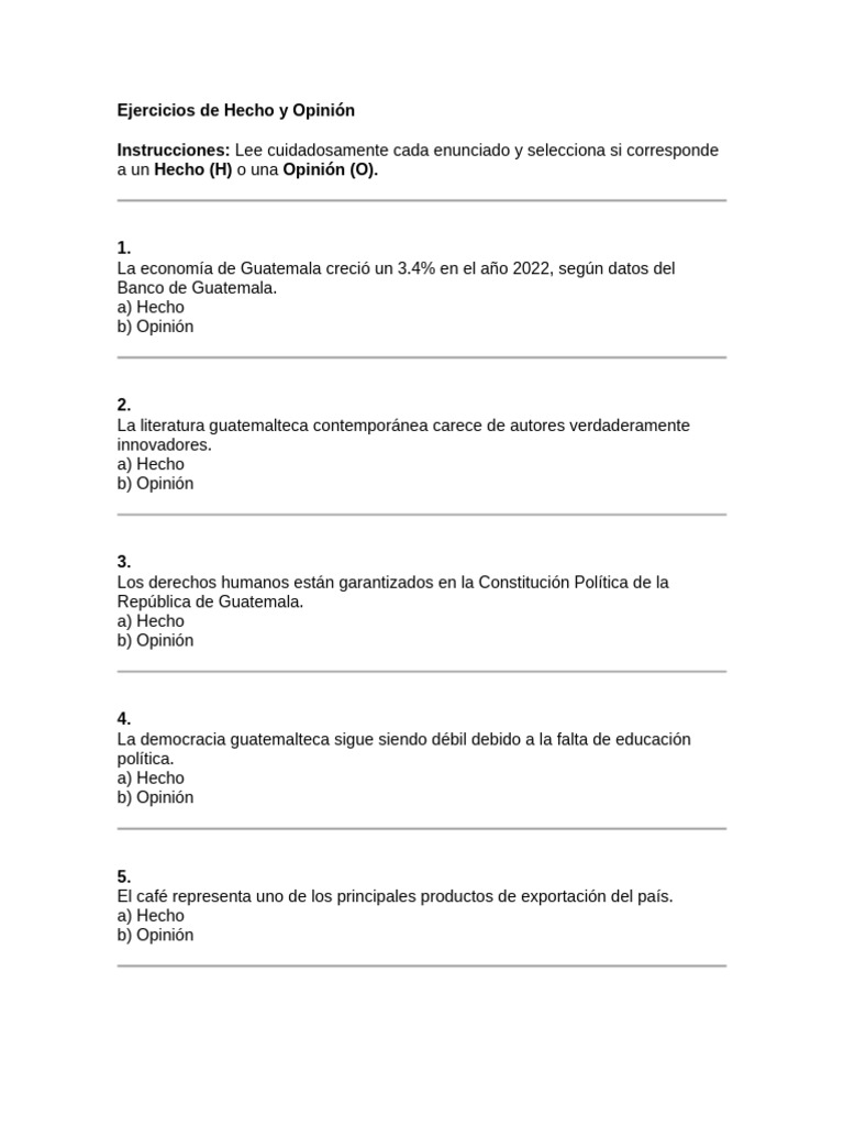 Ejercicios de Hecho, Opinión y Causa-Efecto | PDF | Guatemala | Economias