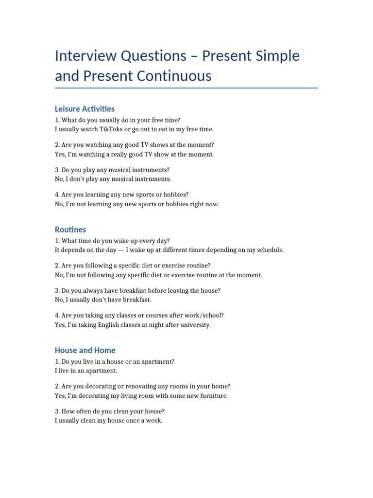 Present Simple & Continuous Interview Guide | PDF
