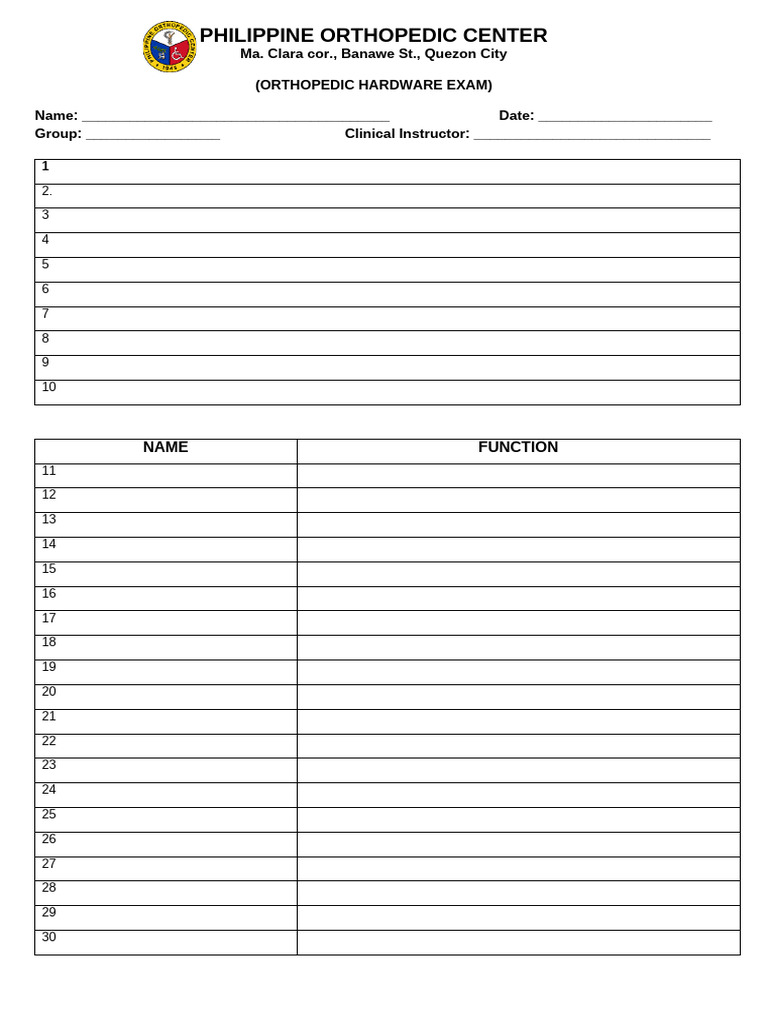 Philippine Orthopedic Center Exam Form | PDF