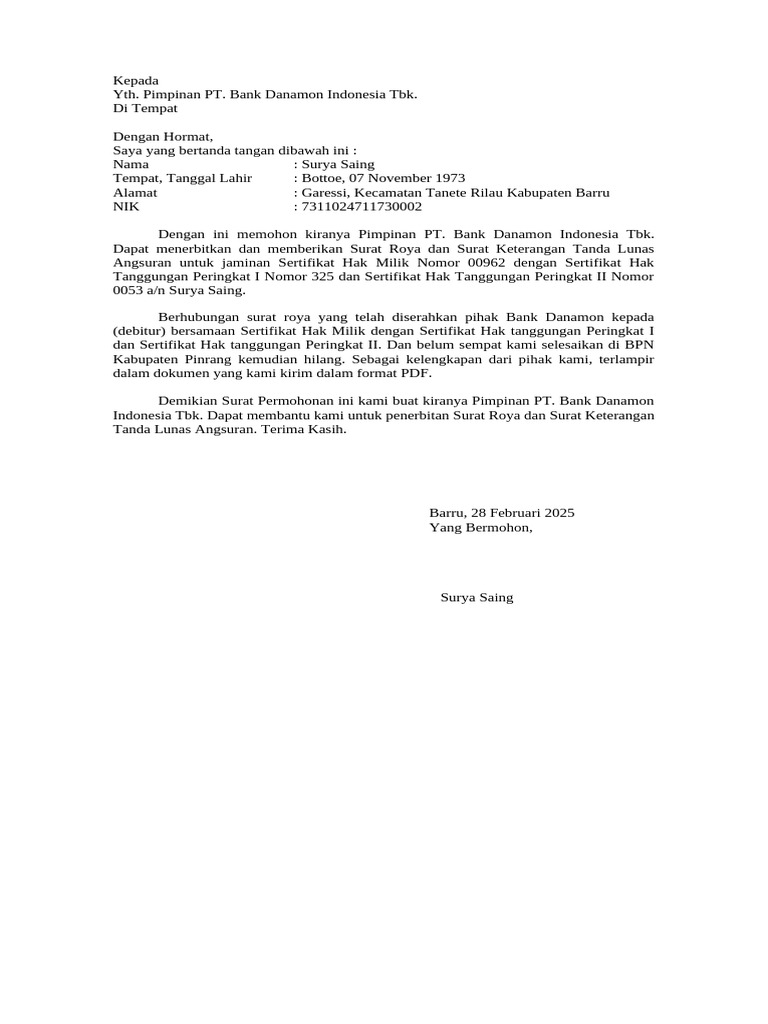 Permohonan Surat Roya ke Bank Danamon | PDF