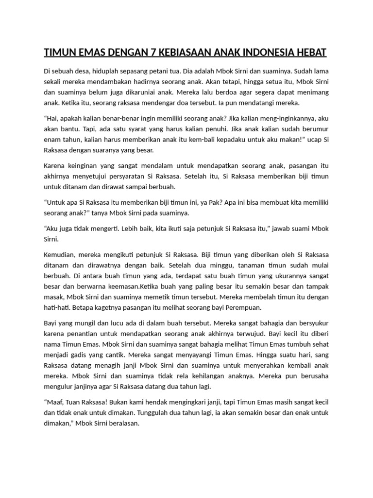 Timun Emas dan Raksasa yang Serakah | PDF