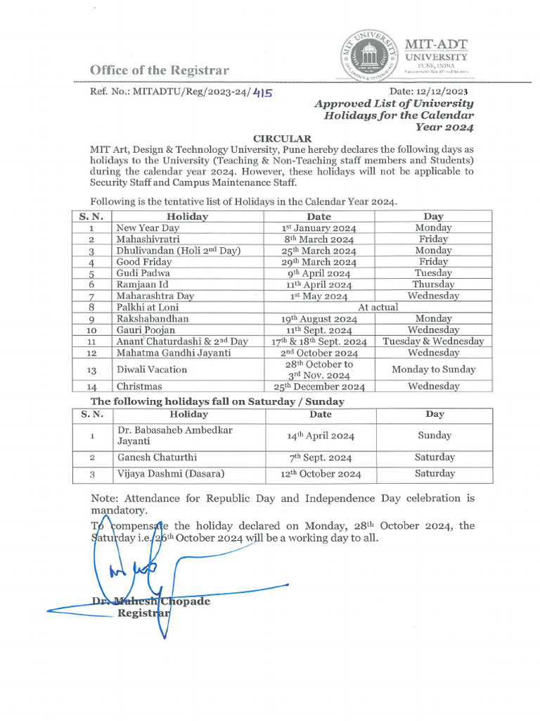 Circular Holidays Calender | PDF