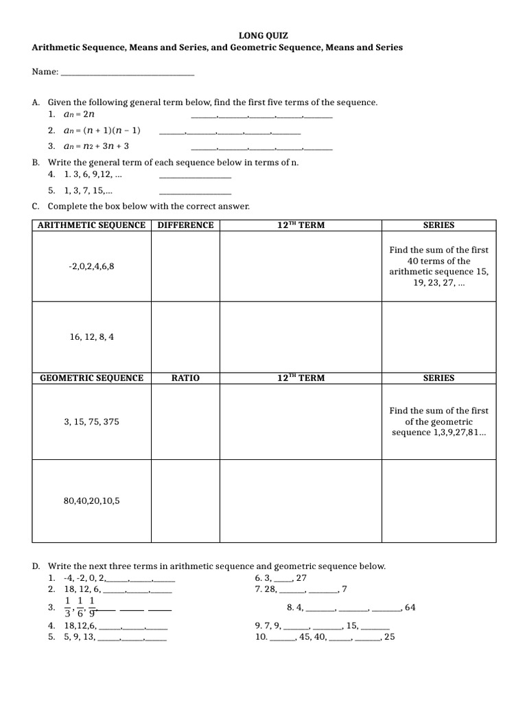 Long Quiz in Arithmetic and Geometric Sequence | PDF