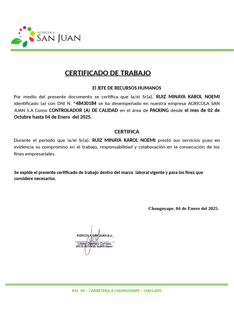 Certificado de Trabajo Ruiz Minaya Karol-1 | PDF
