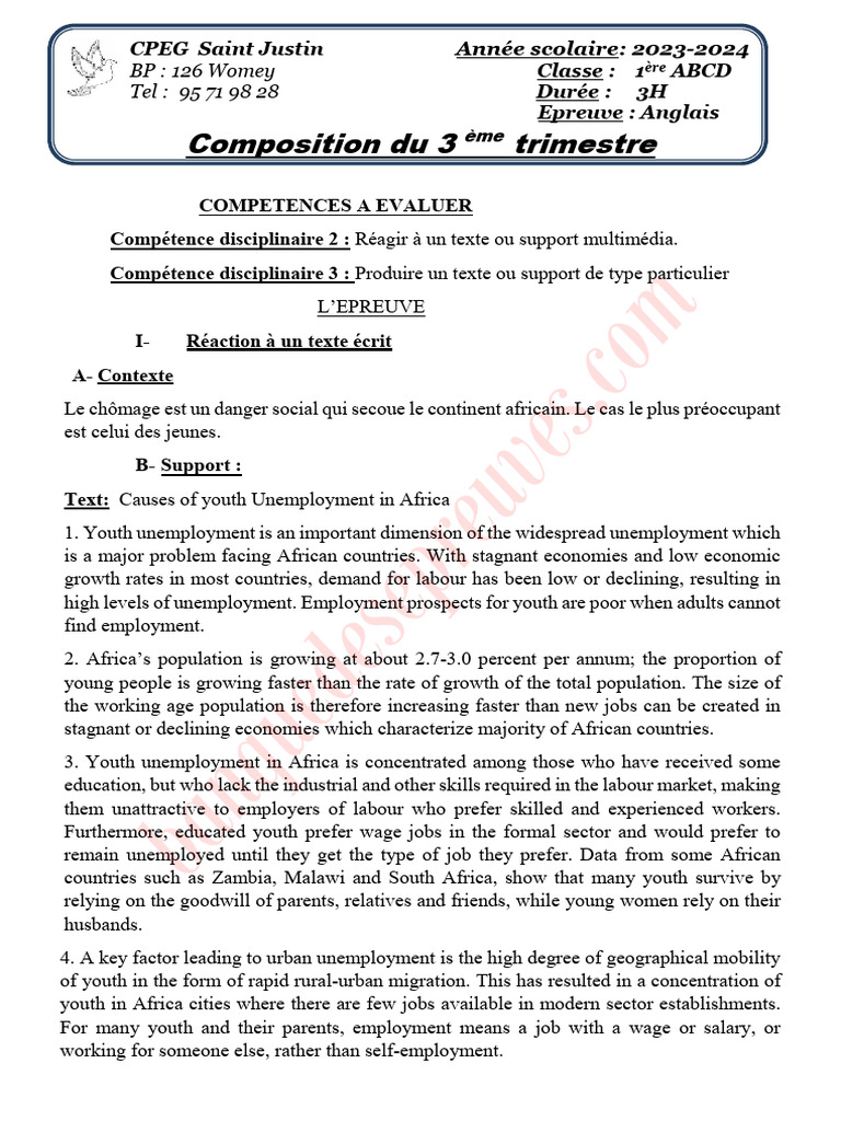 Anglais Classe de 1ere Abcd Composition Du 3eme Trimestre 2023-2024 Cpeg Saint Justin | PDF ...