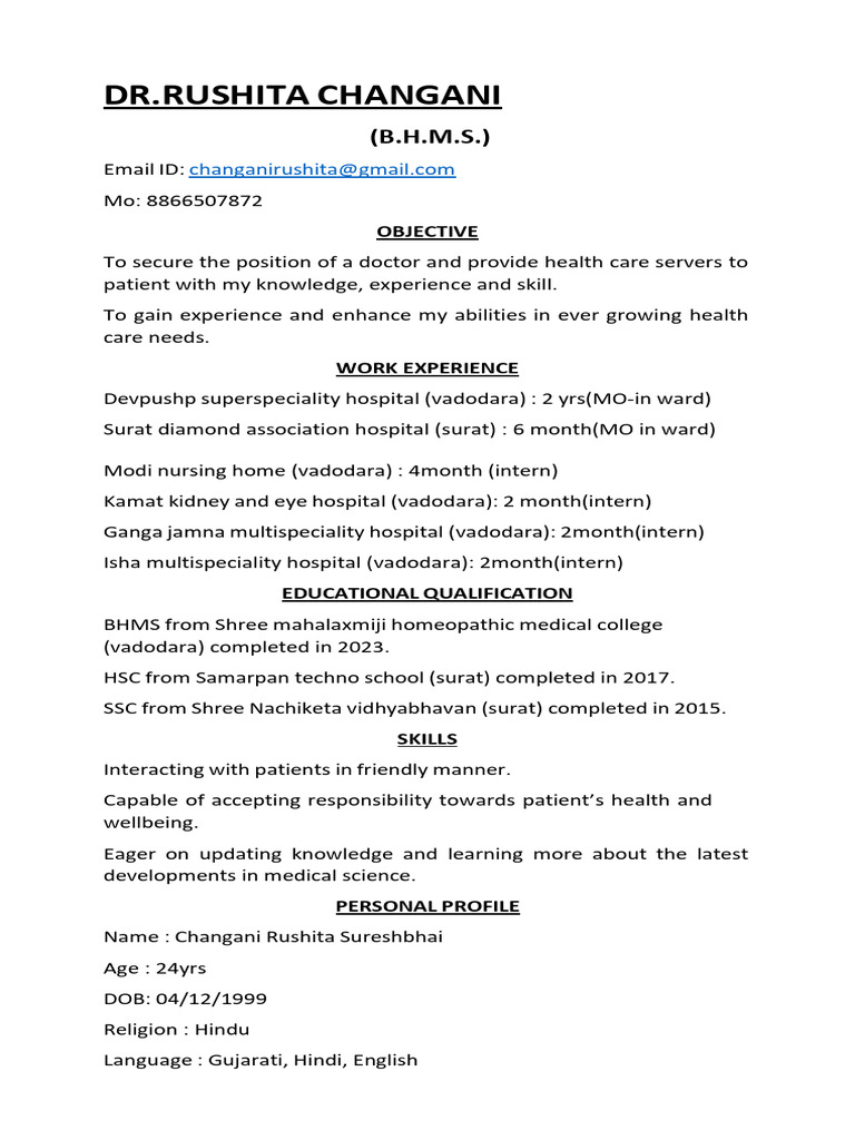 Homeopathic Doctor Resume of Rushita Changani | PDF