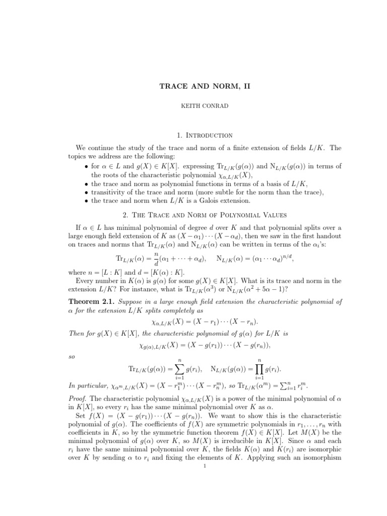 Field Theory - Trace and Norm (Part 2) | PDF | Algebra | Field ...