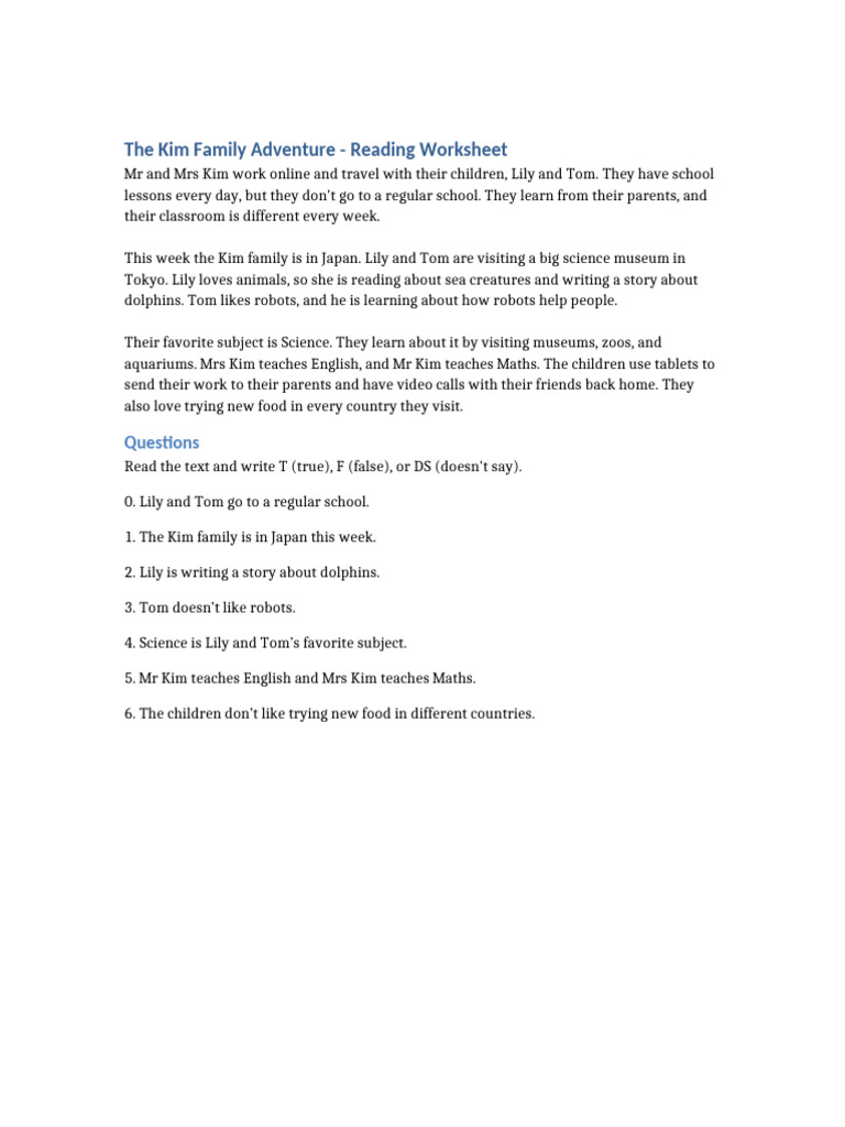 Kim Family Reading Worksheet | PDF