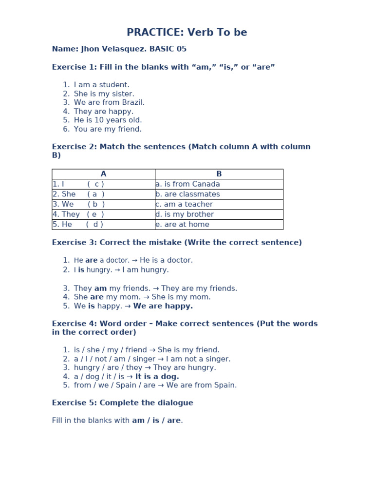 PRACTICE Verb To Be | PDF