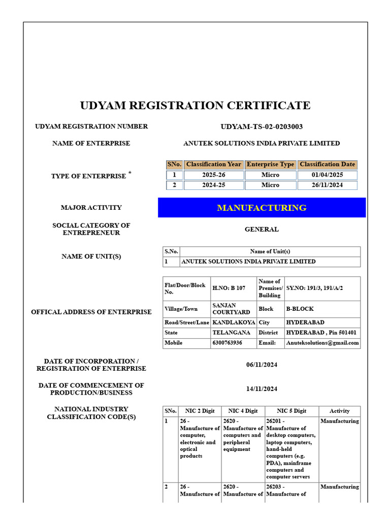 Udyam Registration for Anutek Solutions | PDF | Computer Architecture ...