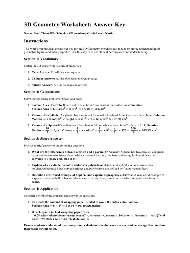 3D Geometry Worksheet_ Answer Key | PDF