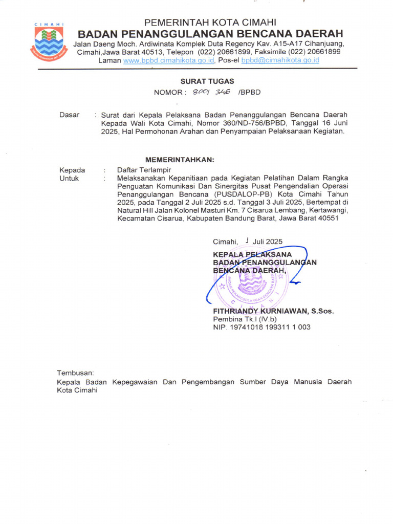Surat Tugas Kegiatan Pusdalops Juli 2025 | PDF
