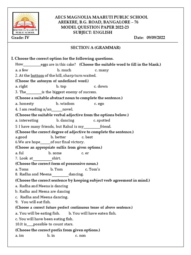 Grade IV Model Paper With Answer Key | PDF | Planets | Planets In Astrology