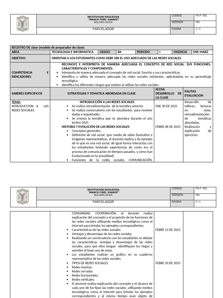 Bitacora Grado 8a-Periodo1 | PDF | Maestros | Red social