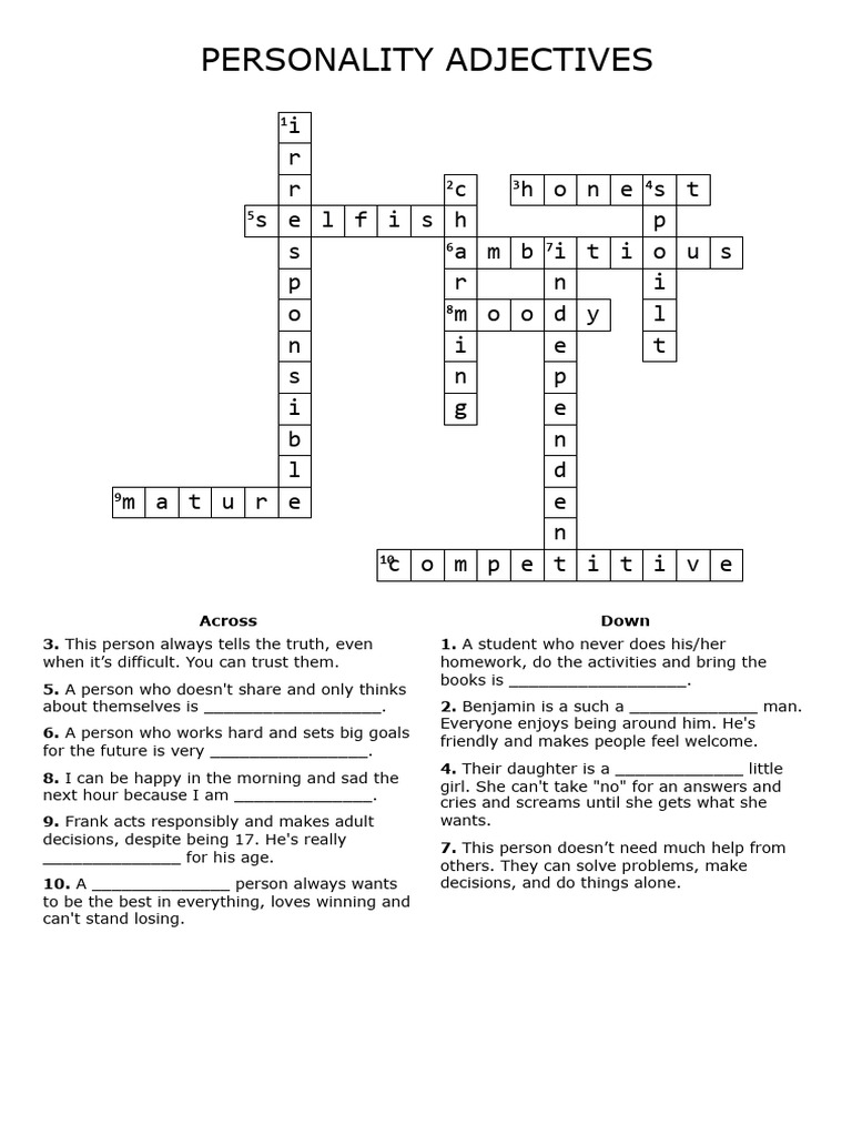 Personality Adjectives Crossword Puzzle | PDF