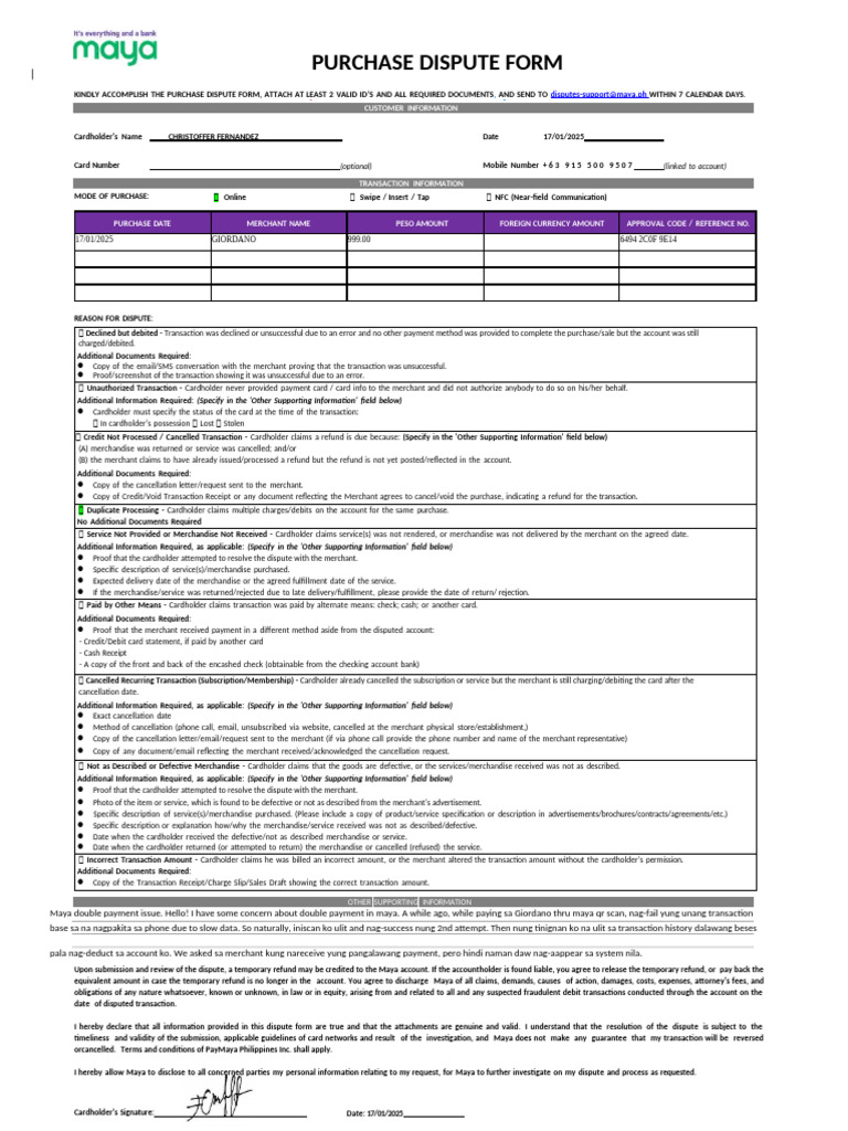 Maya Purchase Dispute Form | PDF | Credit Card | Debit Card