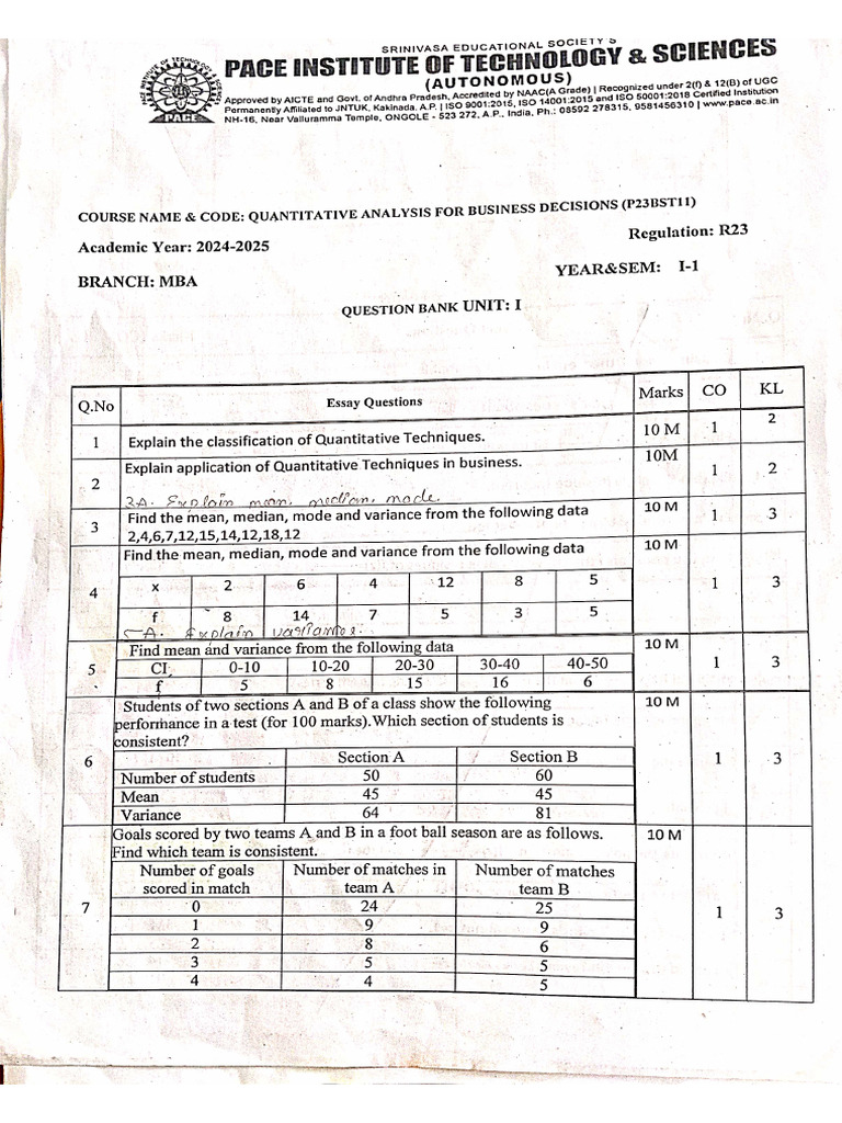 QABD Unit 1 Important Questions | PDF