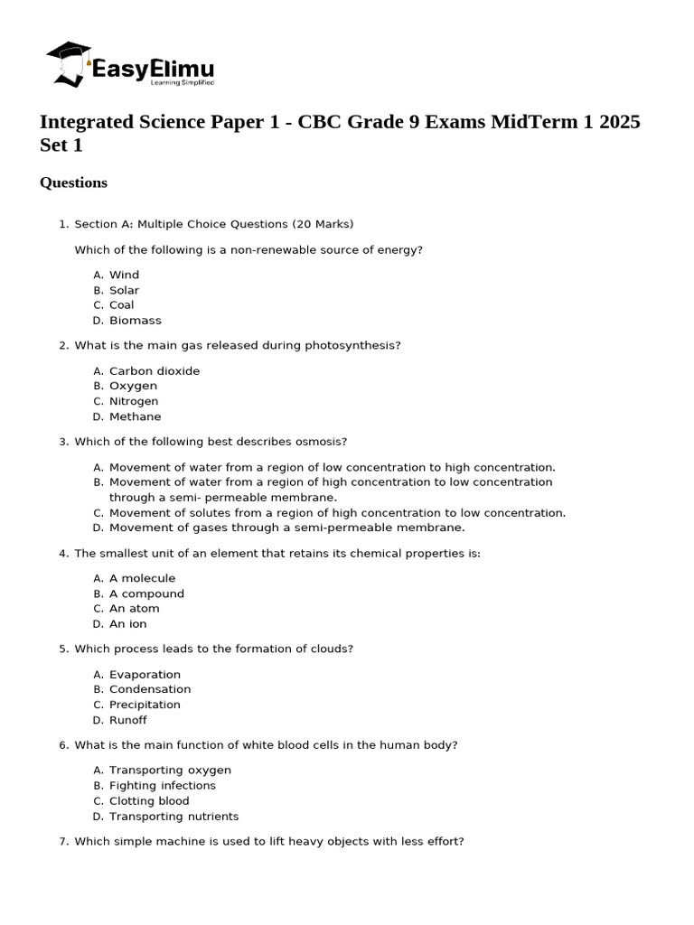 Integrated Science Paper 1 - CBC Grade 9 Exams MidTerm 1 2025 Set 1 ...