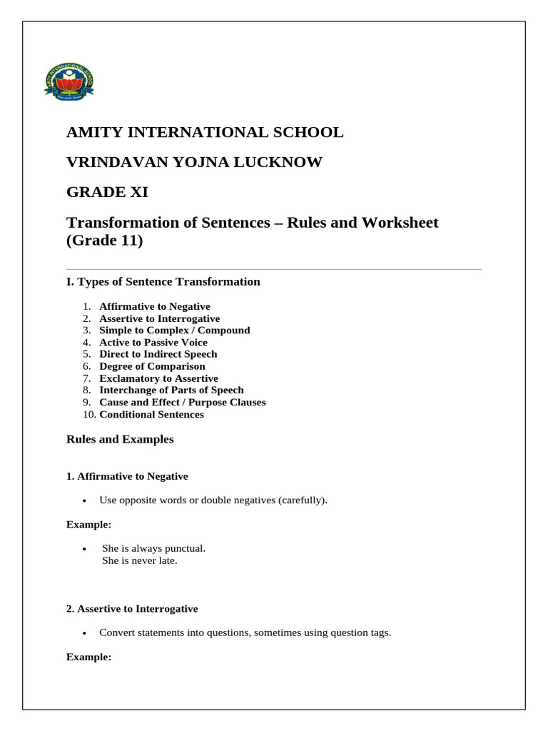 Sentence Transformation Rules for Grade 11 | PDF | Linguistics | Grammar