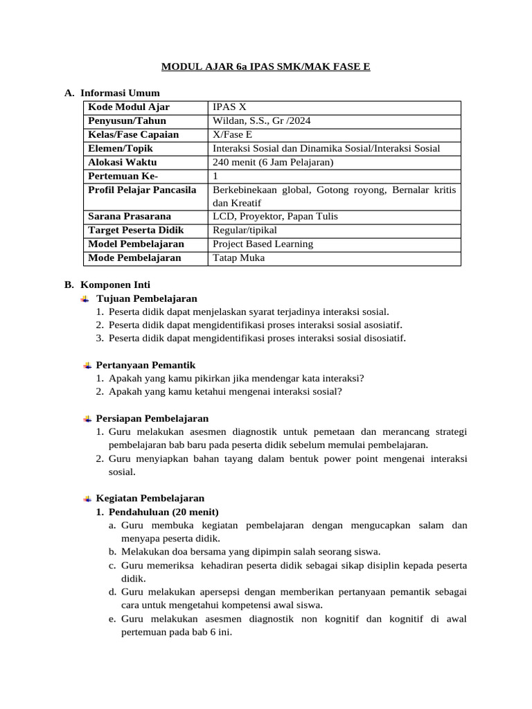Modul Ajar Interaksi Sosial IPAS X | PDF