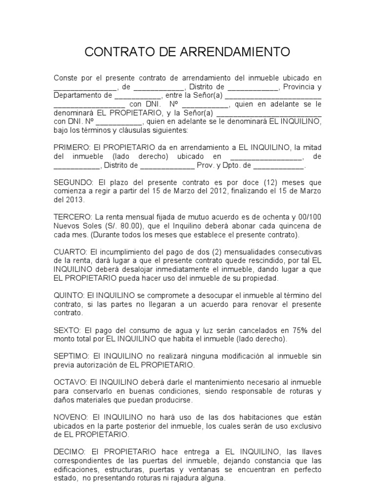 Formato Contrato de Alquiler | Propiedad | Alquiler