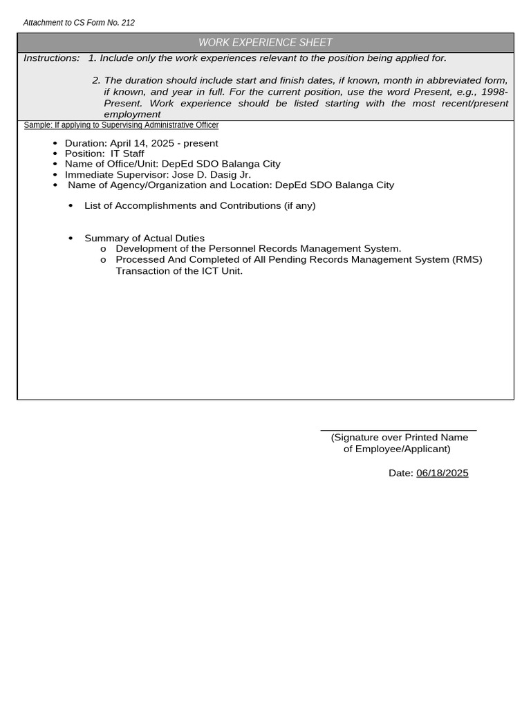 CS Form 212 Work Experience Sheet Guide | PDF