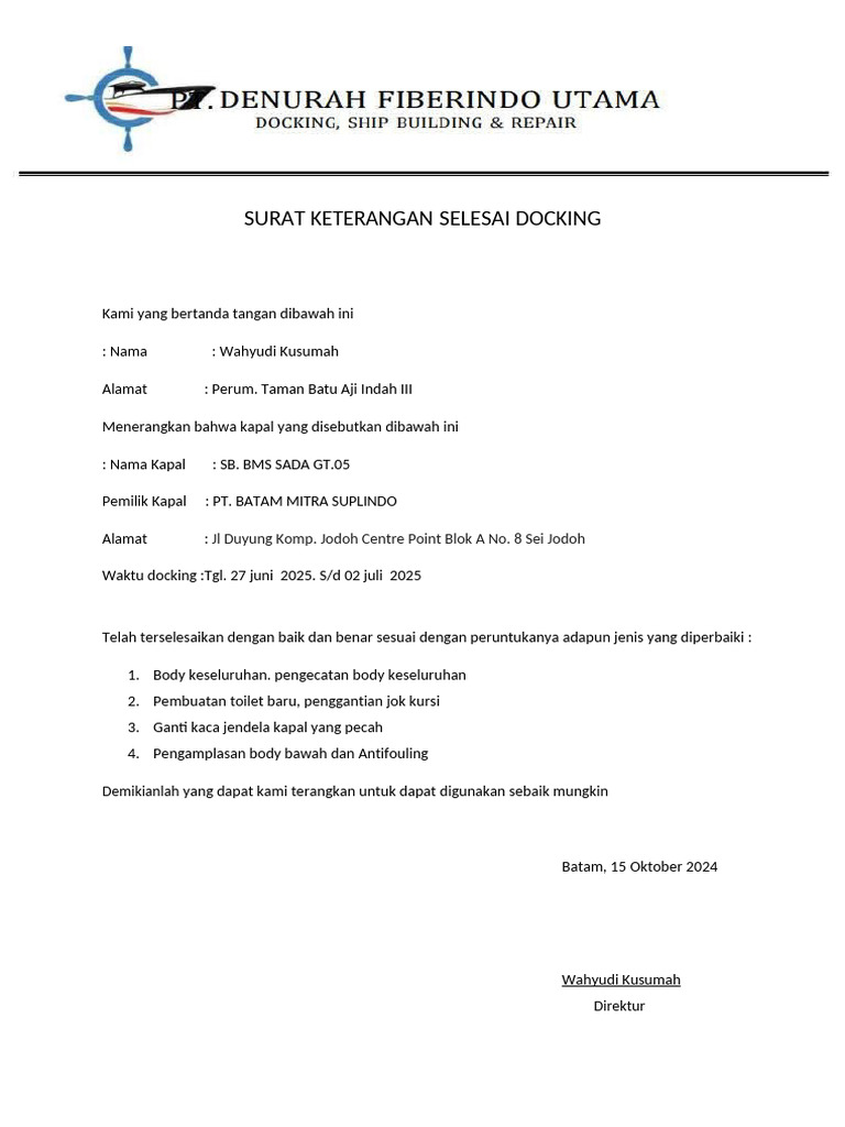 Surat Selesai Docking Kapal SB. BMS SADA | PDF