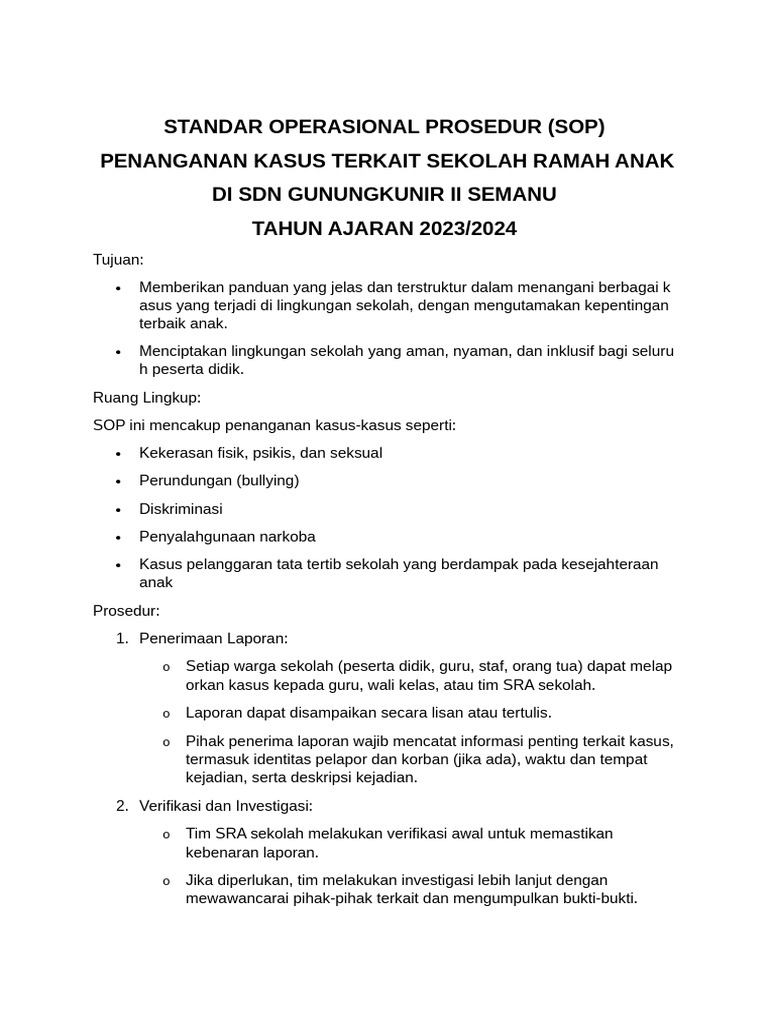 SOP Penanganan Kasus Sekolah Ramah Anak | PDF