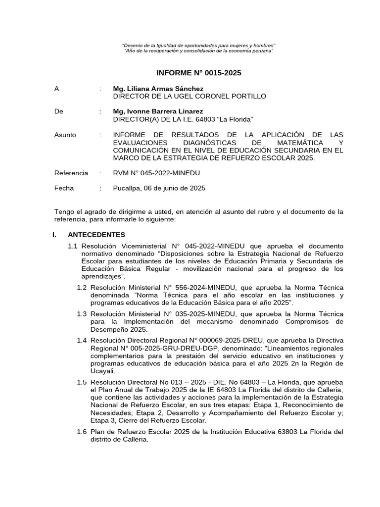 Informe de Resultados de La Evaluación Diagnóstica-Secundaria 2025 2222 | PDF | Evaluación | Decimal