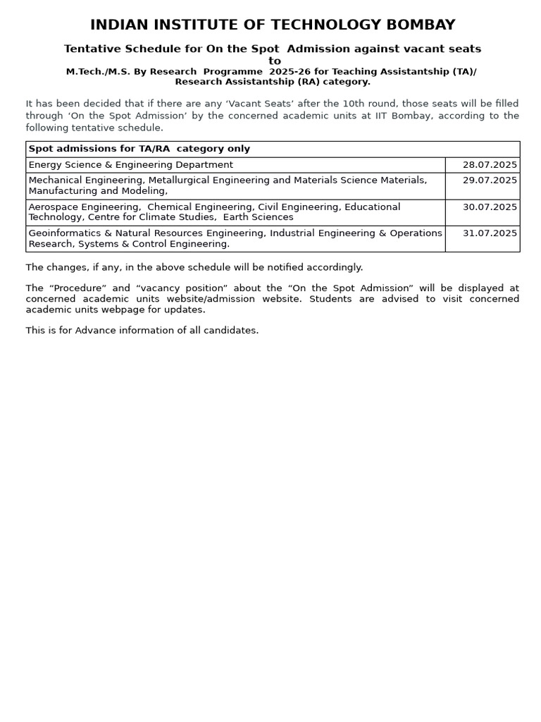 On The Spot Admission Against Vacant Seats 2025 NOTICE | PDF