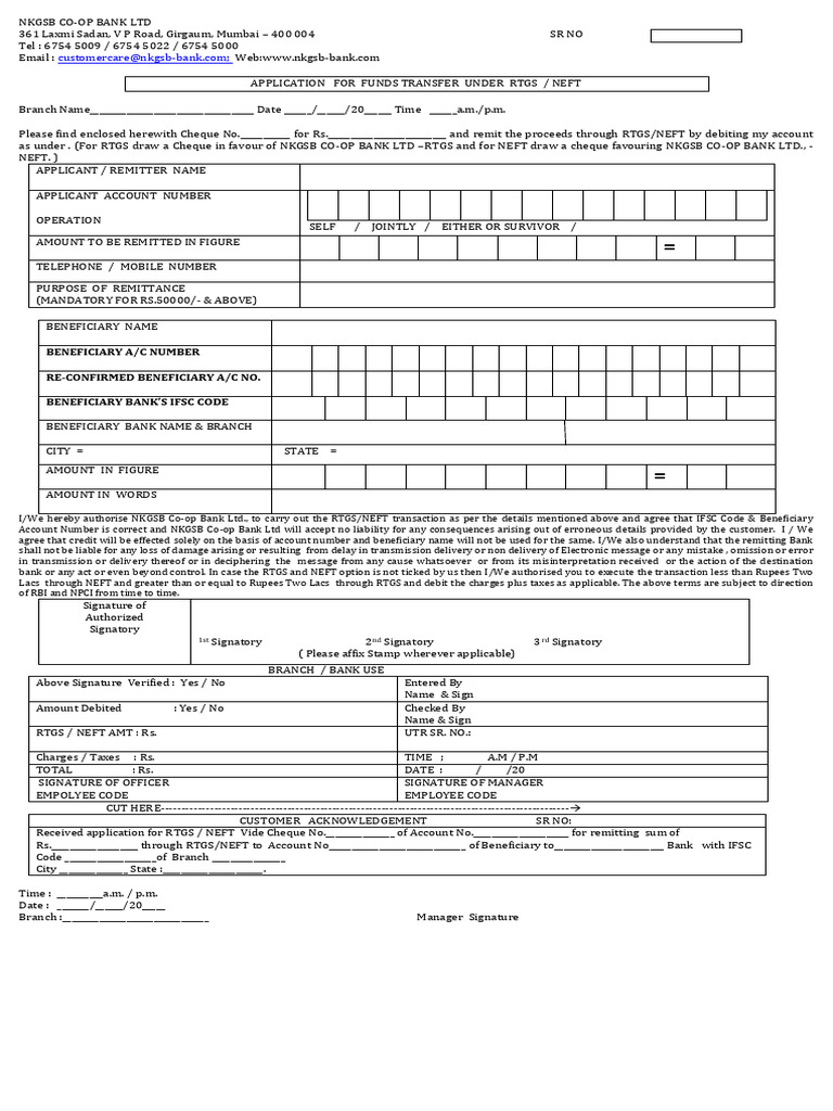 NKGSB Bank RTGS/NEFT Application Form | PDF | Money | Banking Technology