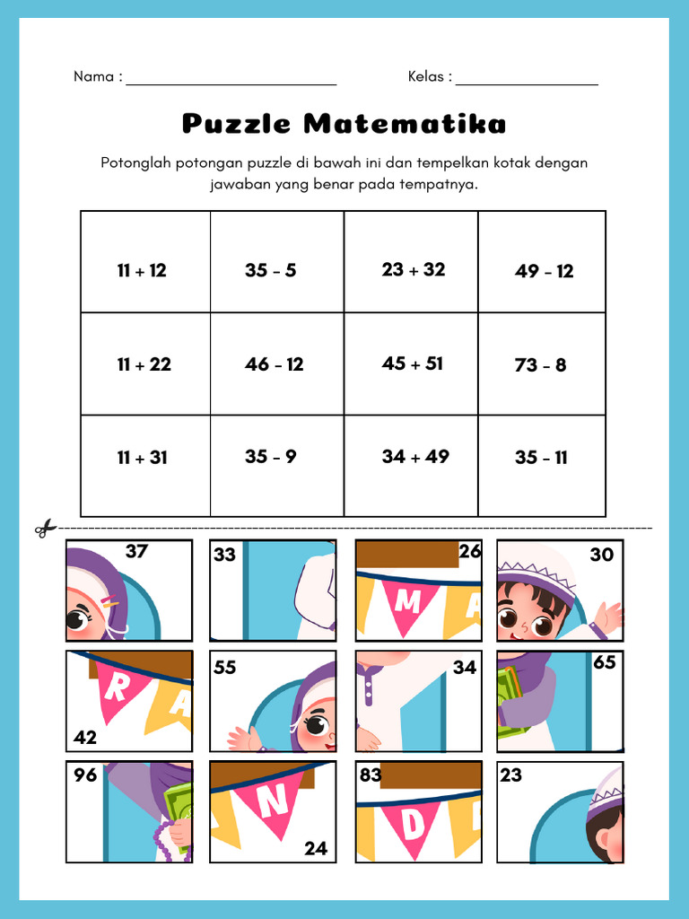Lembar Kerja Puzzle Matematika Edisi Ramadan Tema Anak Biru Ilustratif | PDF