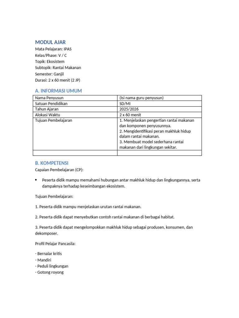 Modul Ajar IPAS Kelas5 Rantai Makanan Tabel | PDF