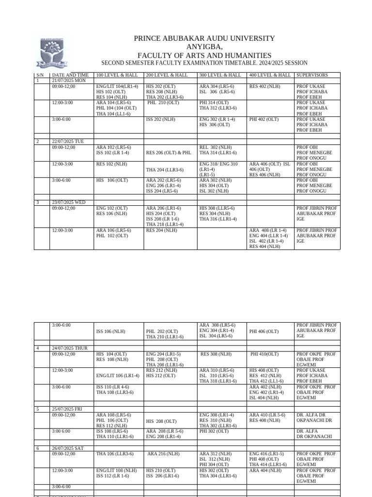 2025 Faculty Exam Timetable | PDF