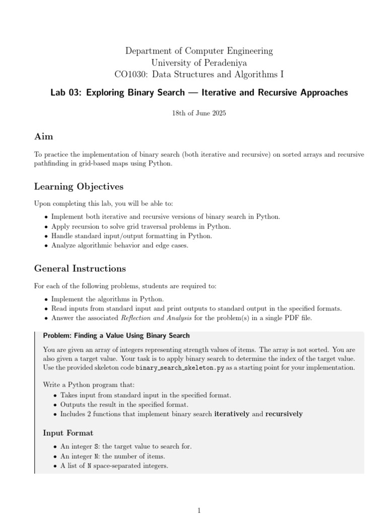 CO1030 Lab 03 Search and Recursive Algorithms | PDF | Applied Mathematics | Computer Engineering
