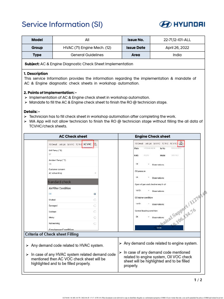 AC & Engine Check Sheet Guidelines | PDF