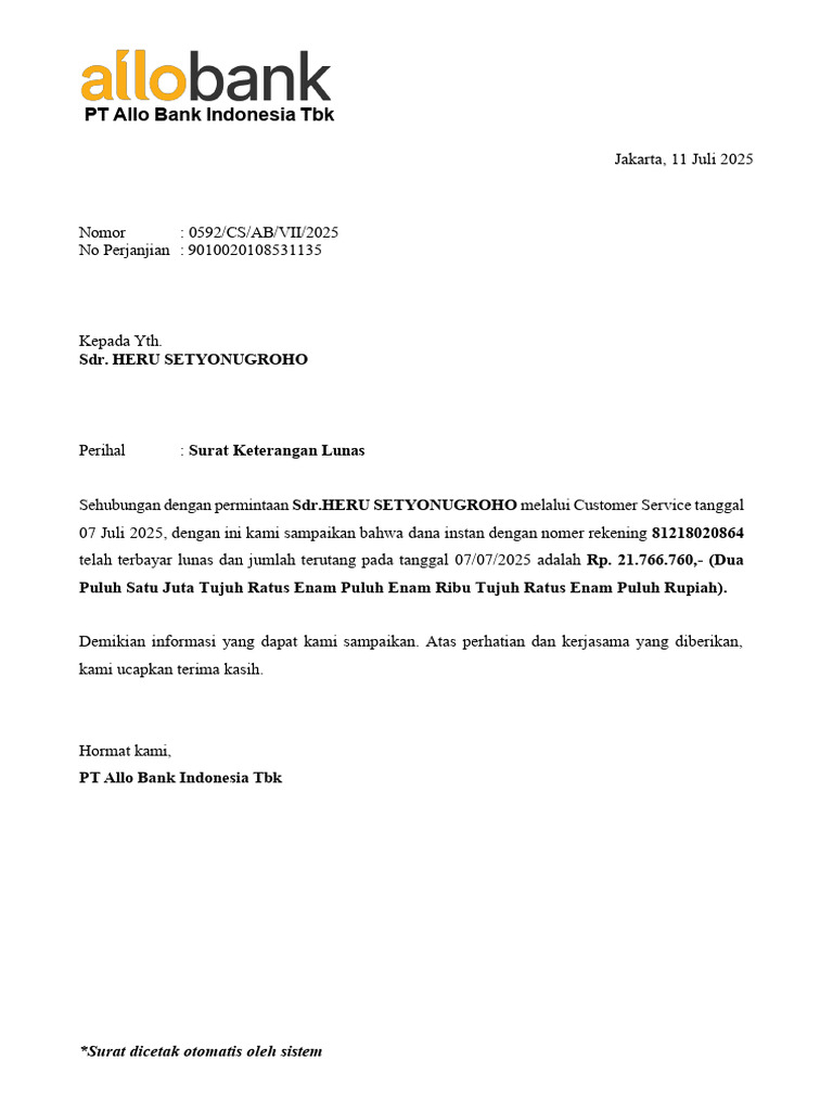 AlloBank Surat Keterangan Lunas | PDF