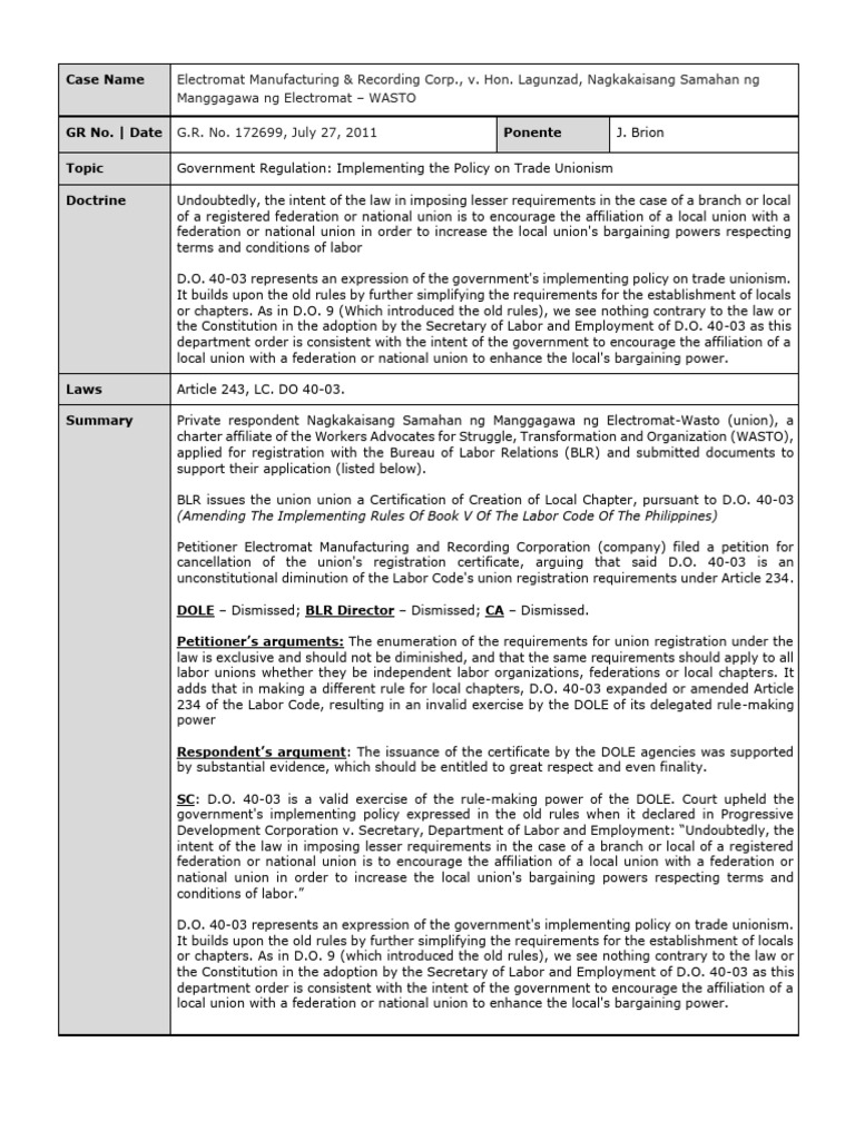 30 Electromat Manufacturing & Recording Corp, V Hon Lagunzad, Nagkakaisang | PDF | Ratification ...