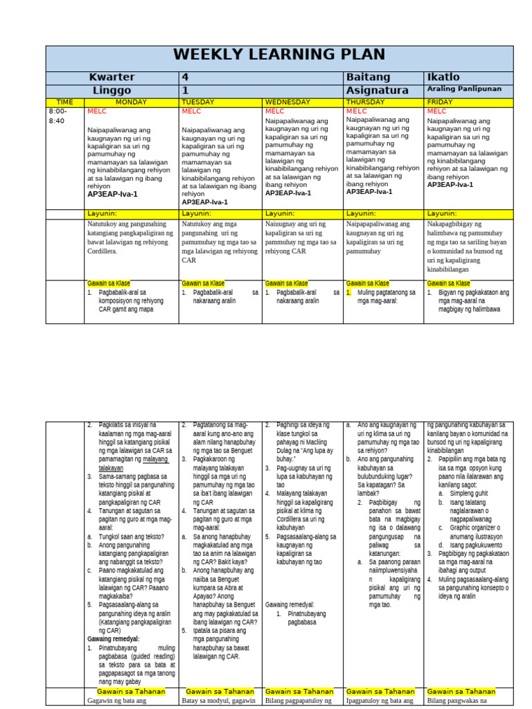 Aral Pan Sample Weekly Learning Plan | PDF