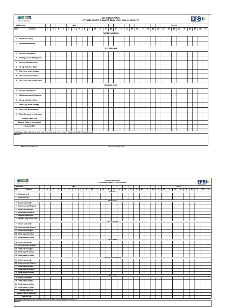 GEMS Inspection Checklist For Pump and Fire Pump | PDF | Turbomachinery | Gas Technologies