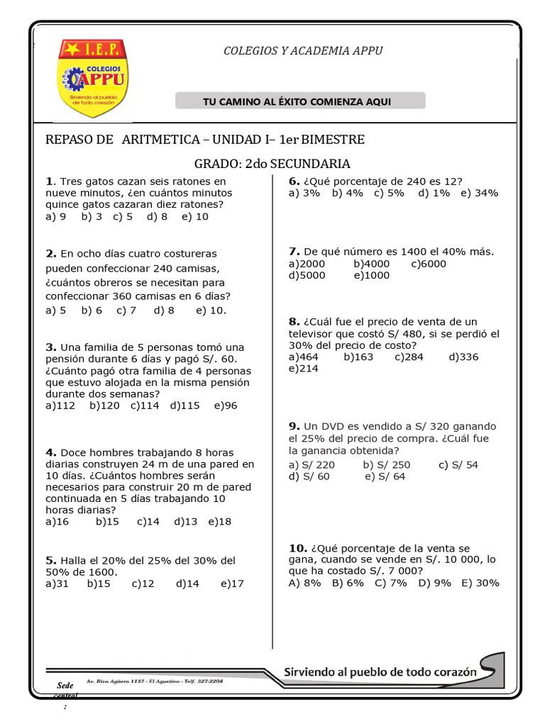 Repaso de Aritmetica 2° Sec. | PDF