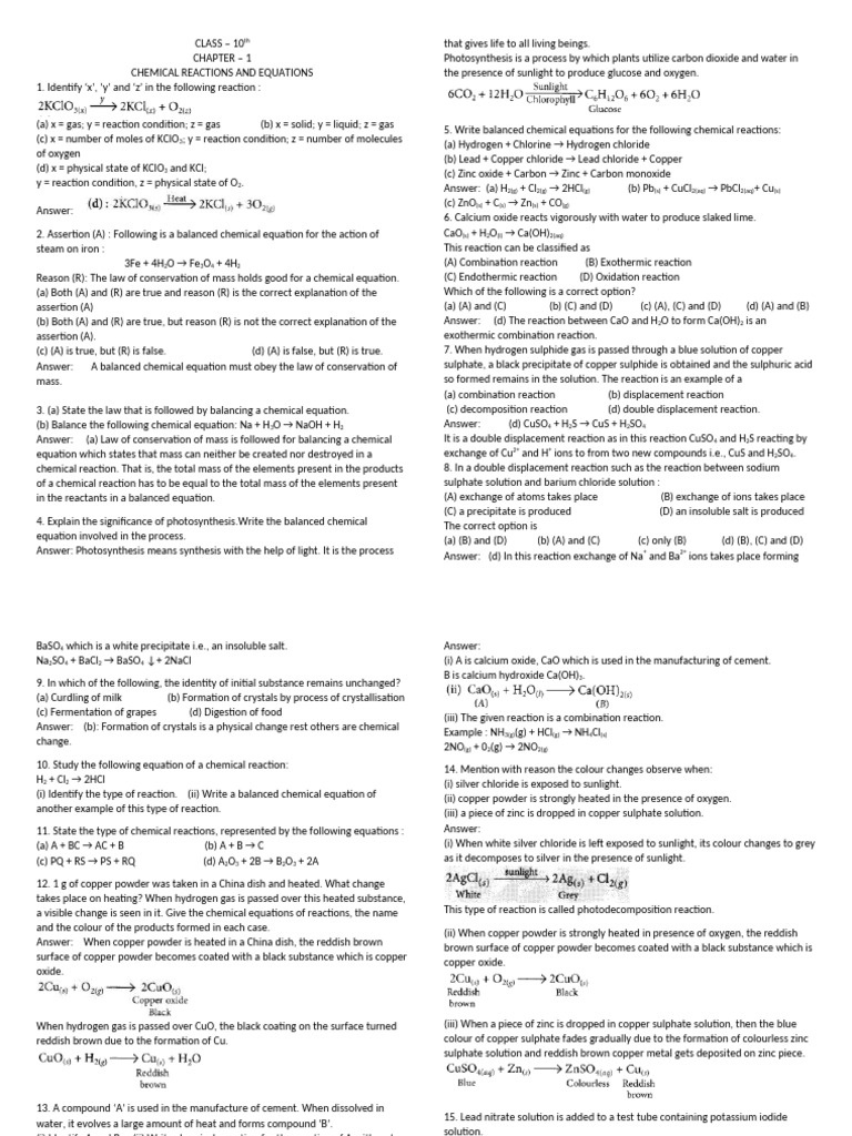 Class 10th Chapter 1 Sheet Science | PDF | Chemical Reactions | Redox