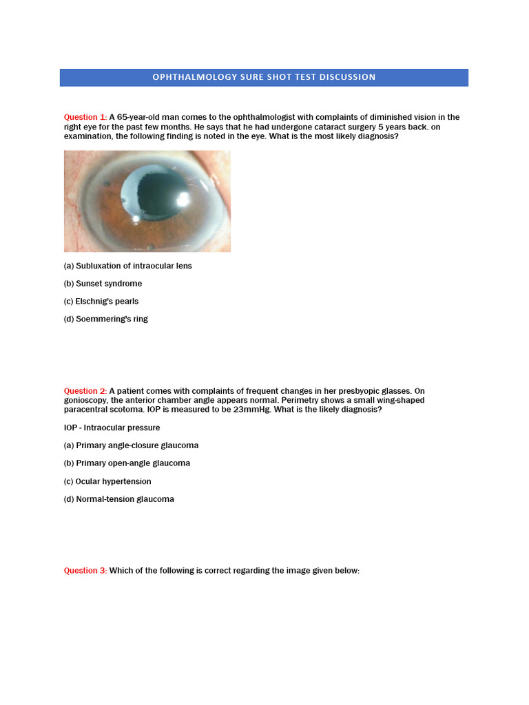 Ophthalmology Test Questions and Answers | PDF | Glaucoma | Ophthalmology