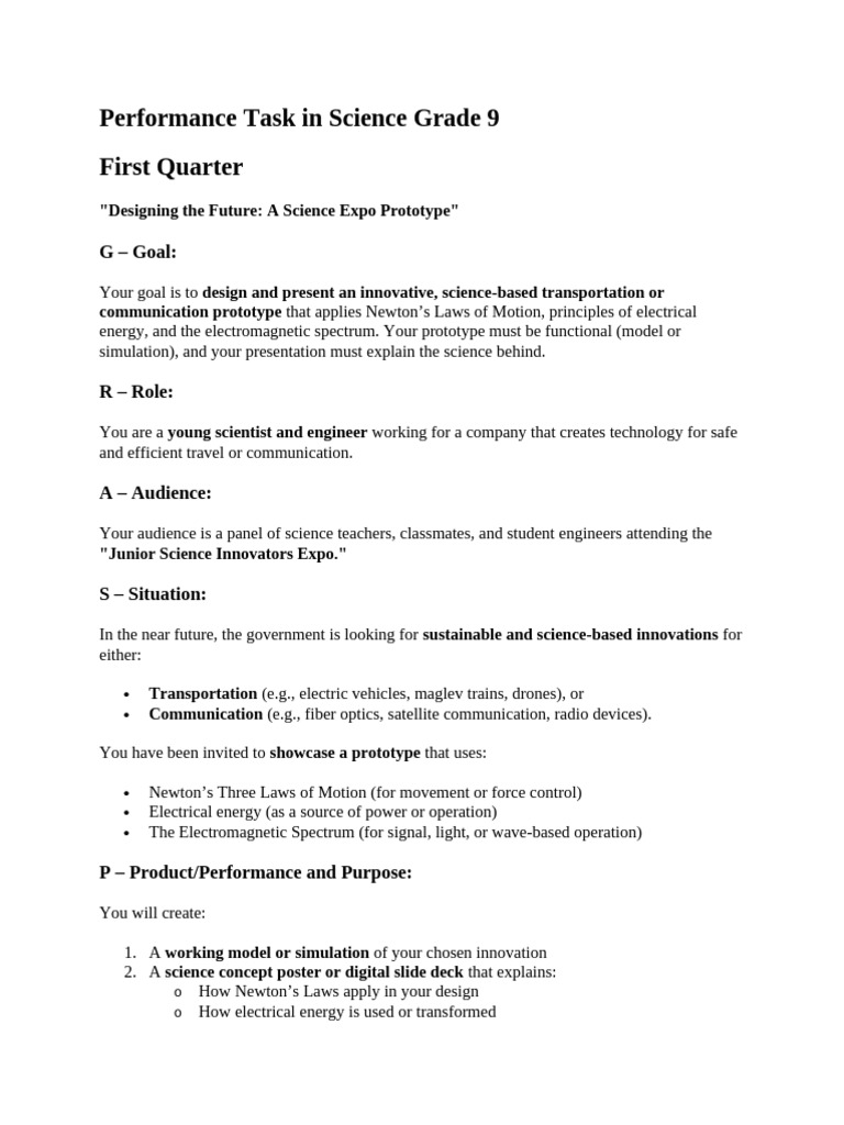 Grade 9 Science Performance Task Guide | PDF