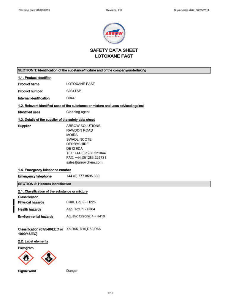 Lotoxane Fast Non Aeromatic Solvent | PDF | Toxicity | Sewage Treatment