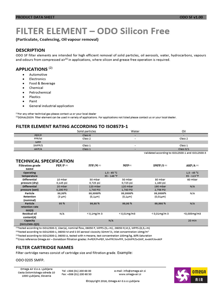 ODO SF Filter Element Data Sheet | PDF | Filtration | Secondary Sector ...