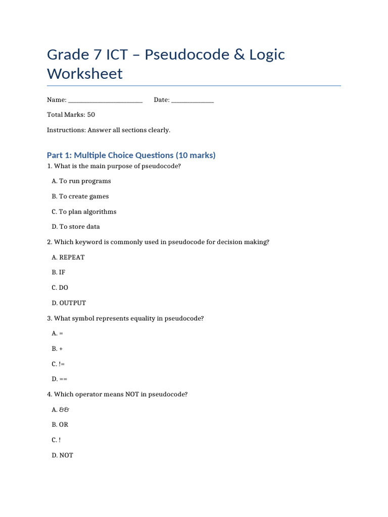 Grade 7 ICT Pseudocode Worksheet | PDF