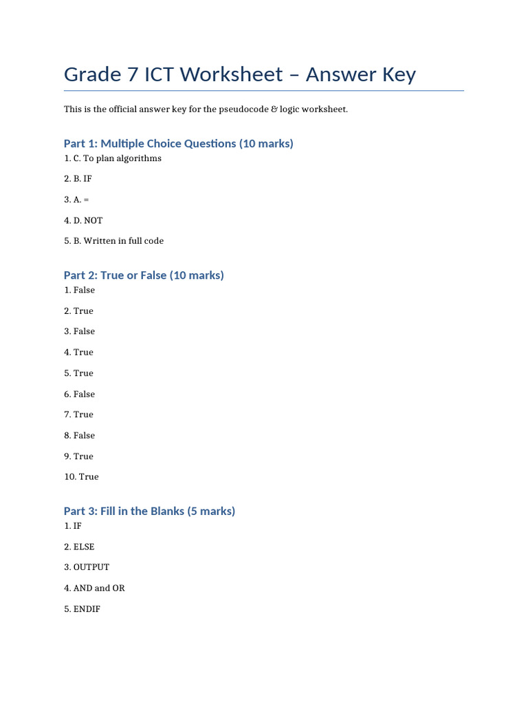 Grade 7 ICT Worksheet Answer Key | PDF